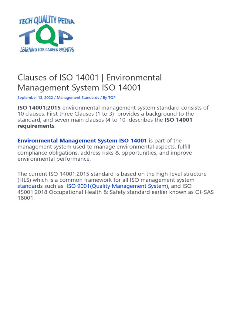 Clauses of ISO 14001 - Environmental Management System ISO 14001 | PDF | Business