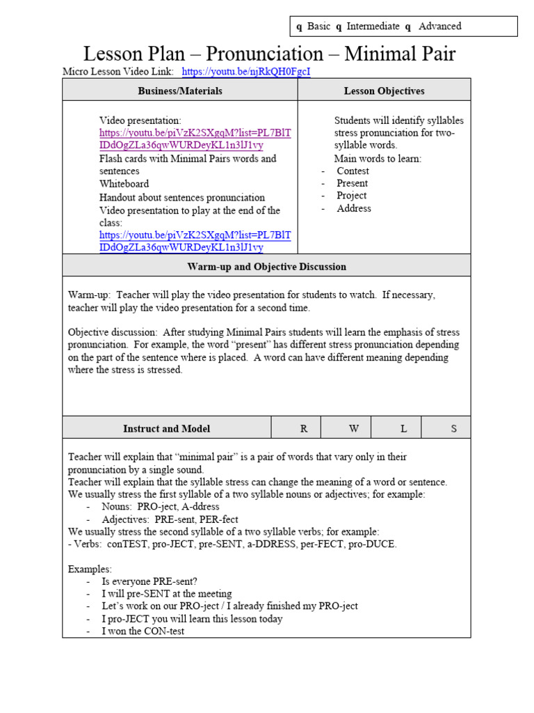 Lesson Plan 6 - Pronunciation | PDF | Stress (Linguistics) | Word Lesson Plan 6 - Pronunciation | PDF | Stress (Linguistics) | Word