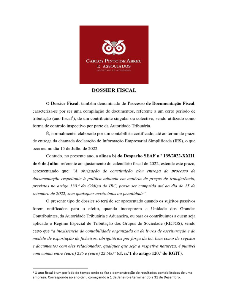 Dossier Fiscal: Requisitos e Prazos | PDF | Impostos | Contabilidade