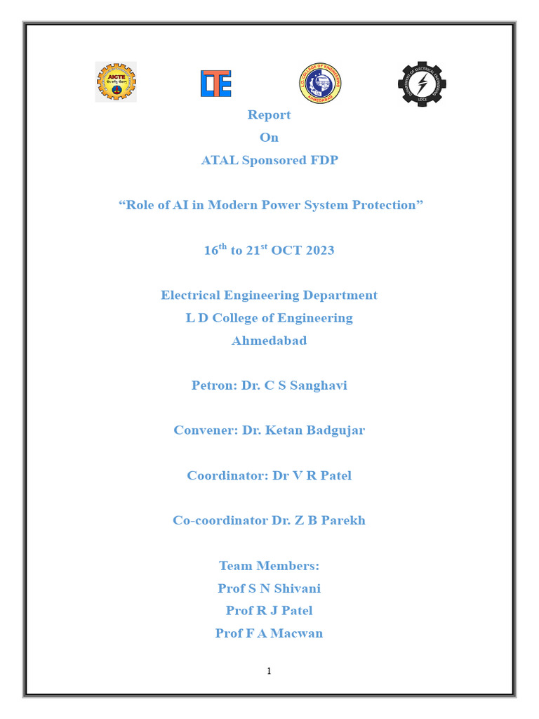 Report On Atal Sponsored FDP Role of Ai in Modern Power System Protection Sya2ah | PDF ...
