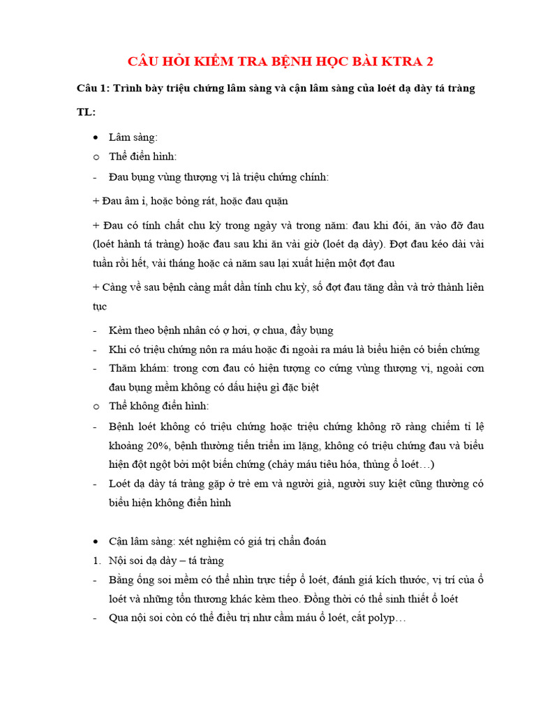 CÂU HỎI KIỂM TRA BỆNH HỌC BÀI KTRA 2 | PDF
