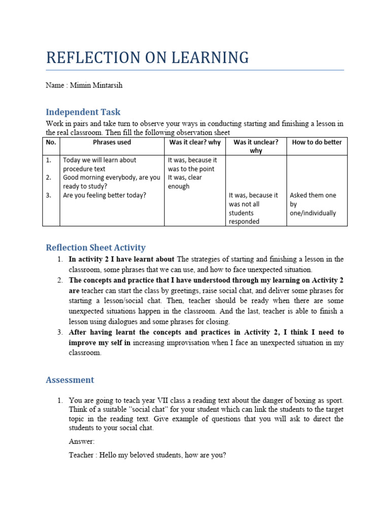 Independent Task, Reflection Sheet and Assesment of Activity 2 | PDF ...
