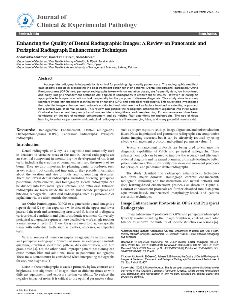 Enhancing the Quality of Dental Radiographic Images a Review on ...