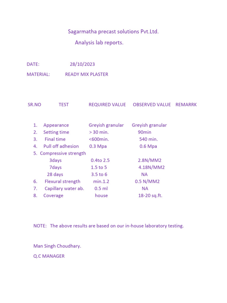 Ready Mix Plaster Test Results | PDF