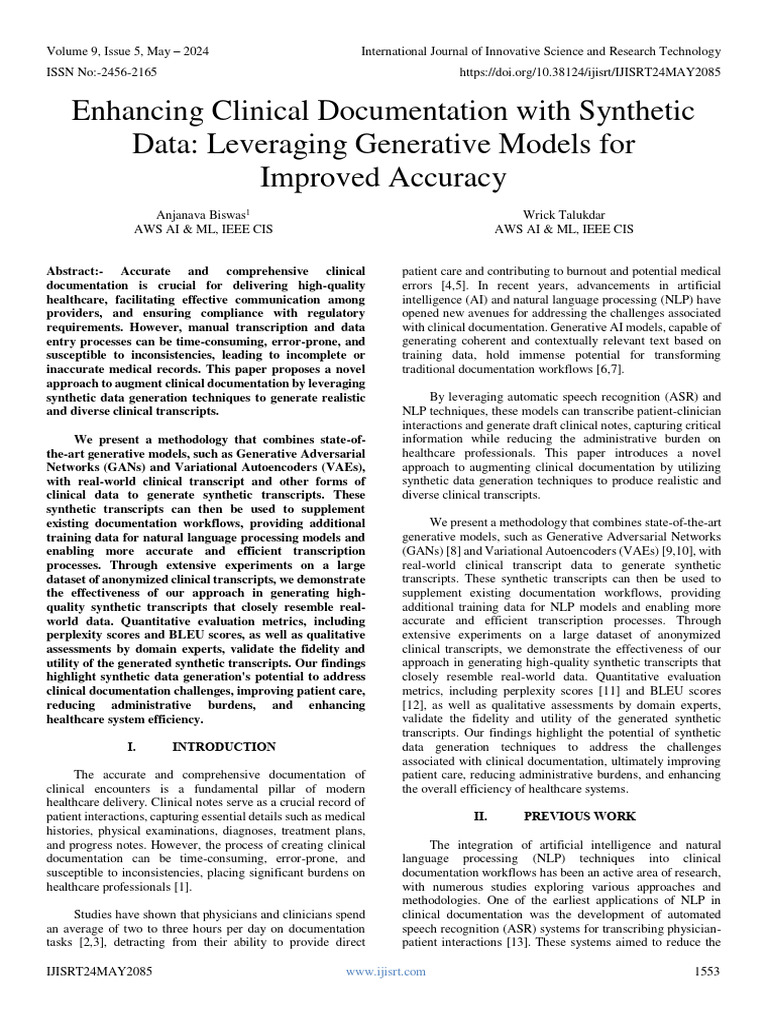 Enhancing Clinical Documentation With Synthetic Data: Leveraging Generative Models For Improved ...