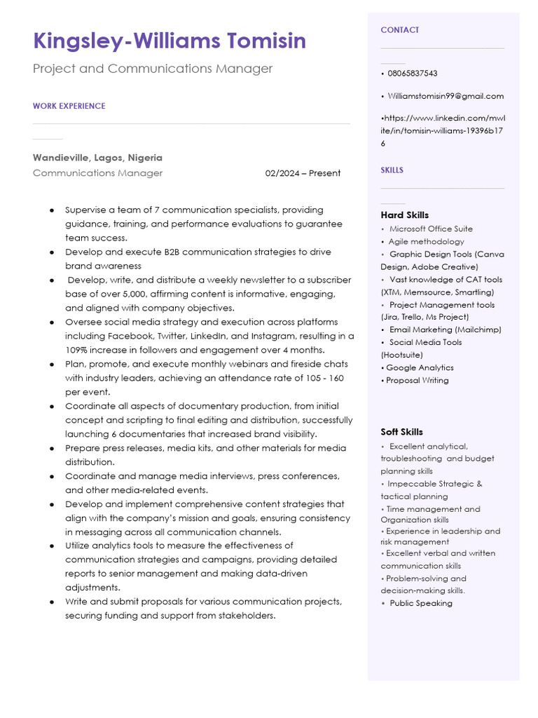 Oluwatomisin Williams CV | PDF | Social Media | Popular Culture & Media Studies