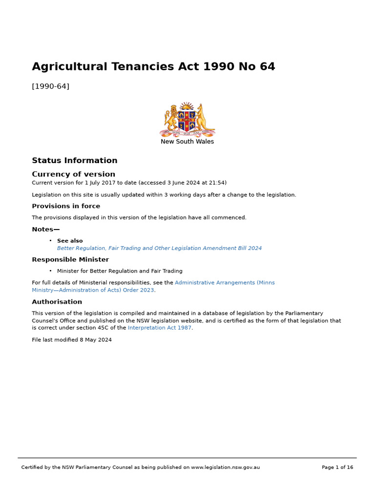 Agricultural Tenancies Act 1990 NSW | PDF | Leasehold Estate | Agriculture
