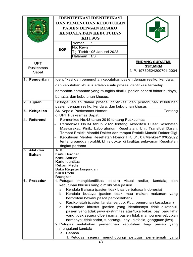 Sop Identifikasi Identifikasi Dan Pemenuhan Kebutuhan Pasien Dengan Resiko | PDF | Sains ...