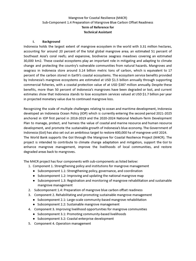 TOR Technical Assistant Proyek M4CR PIU Kemenko Marves | PDF | Mangrove ...
