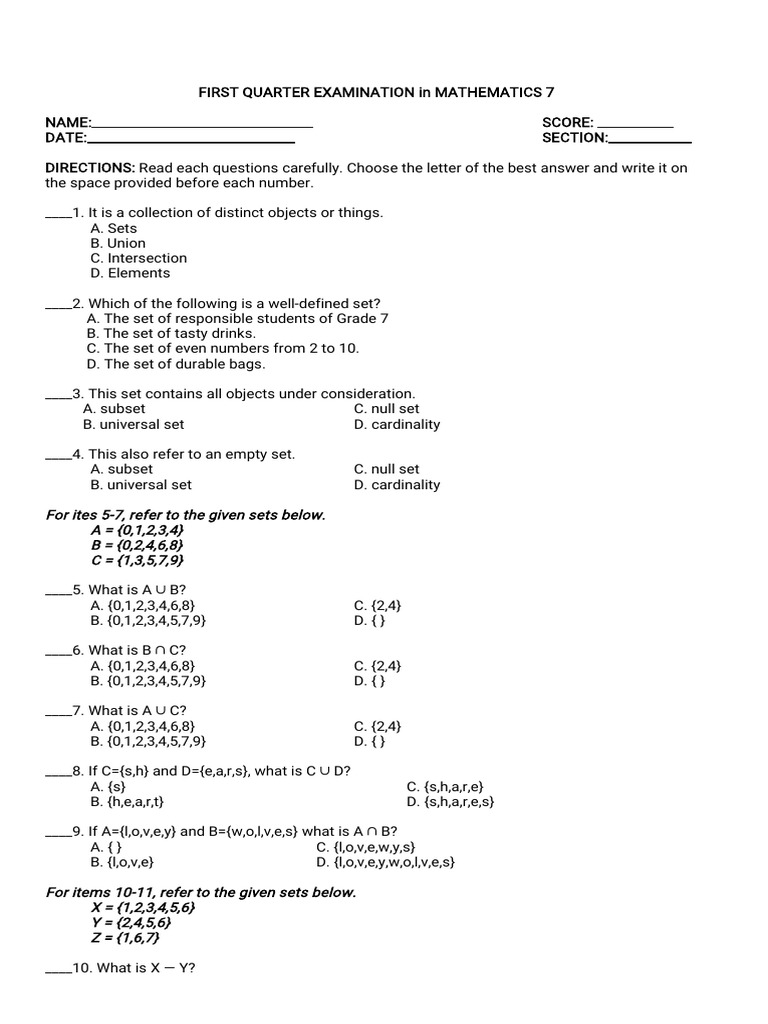 MATH 7 First Quarter Exam | PDF | Set (Mathematics) | Mathematical Concepts
