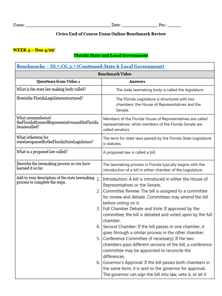 Civics End of Course Exam Online Beanchmark Review (Week 4) Final | PDF ...