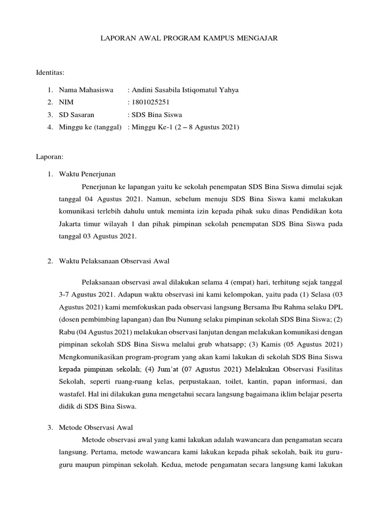 Laporan Awal Program Kampus Mengajar | PDF
