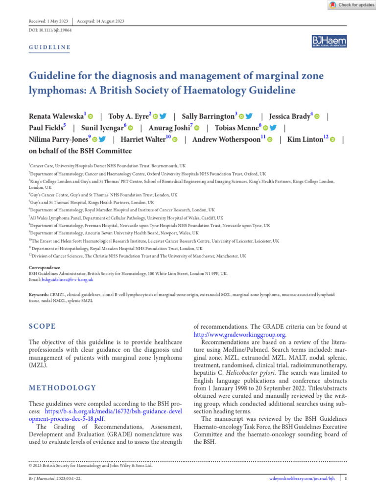 BR J Haematol - 2023 - Walewska - Guideline For The Diagnosis and Management of Marginal Zone ...