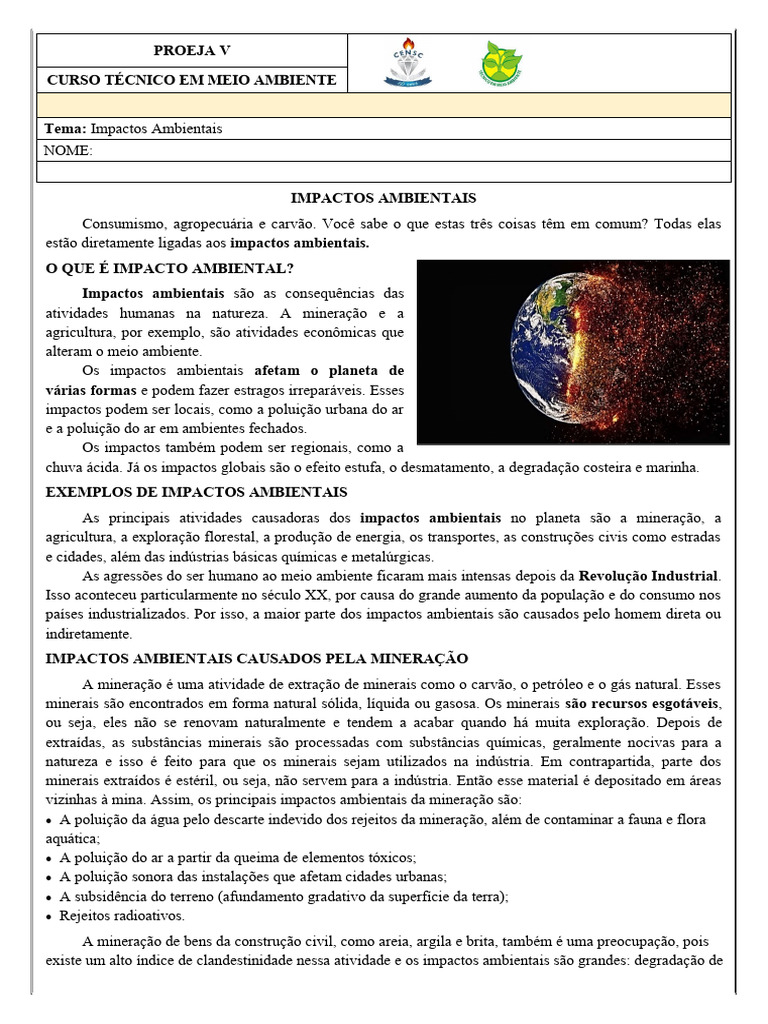 Atividade Sobre Impactos Ambientais | PDF | Agricultura | Poluição