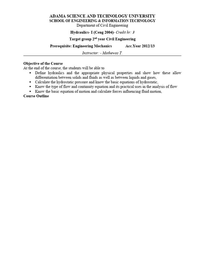 Hydraulics Course Overview for Engineers | PDF | Fluid Mechanics ...