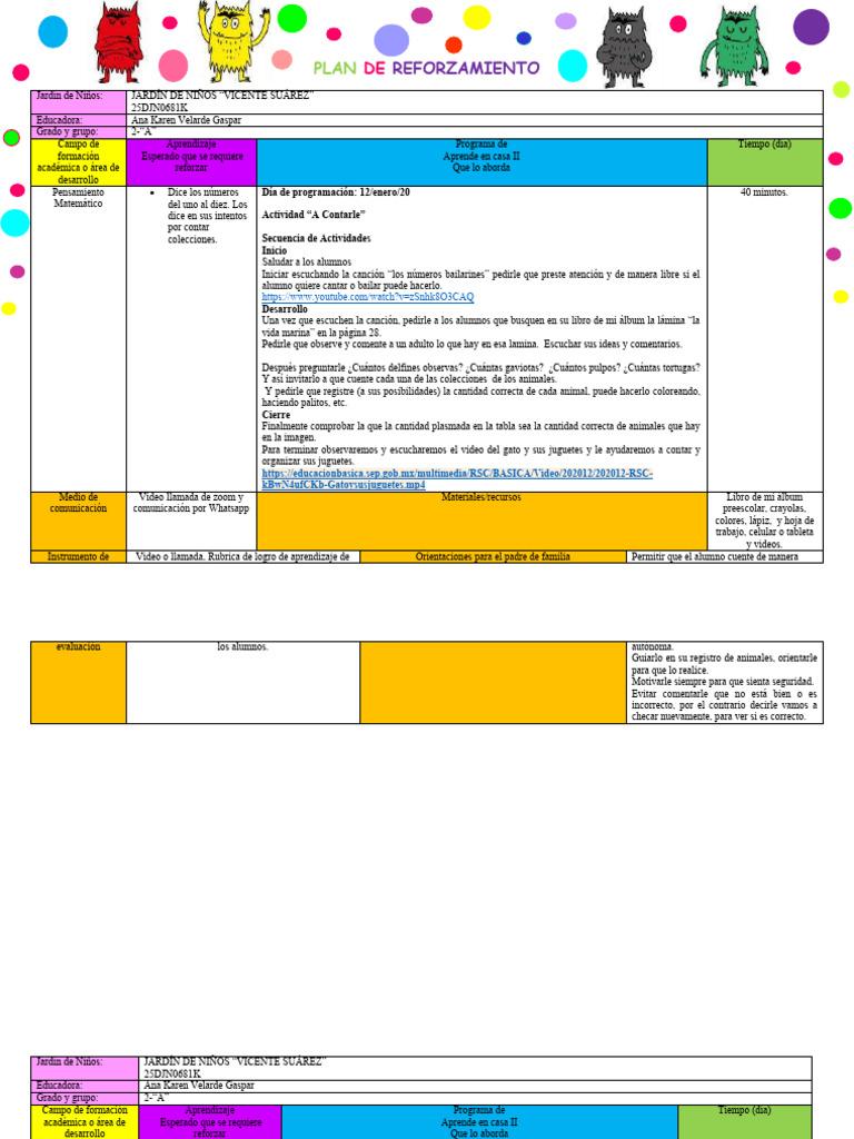 Plan De Reforzamiento Para Jardín De Niños Pdf Educación De La