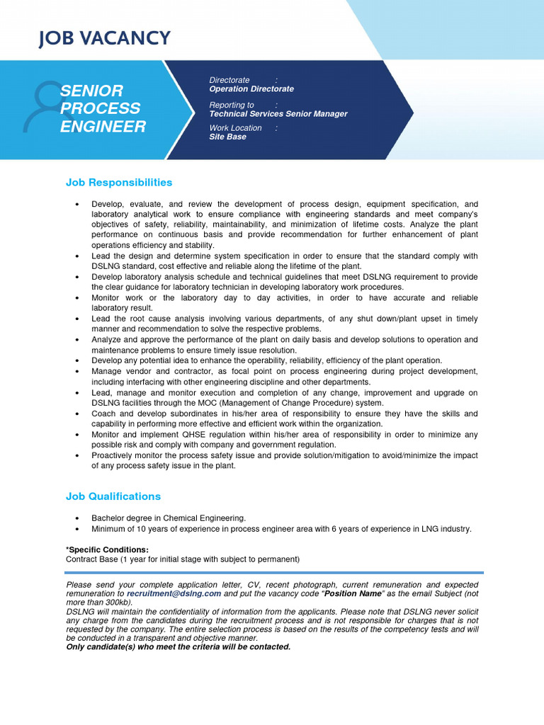 Job Vacancy 2022 - SENIOR PROCESS ENGINEER - RNG (3) IT | PDF ...