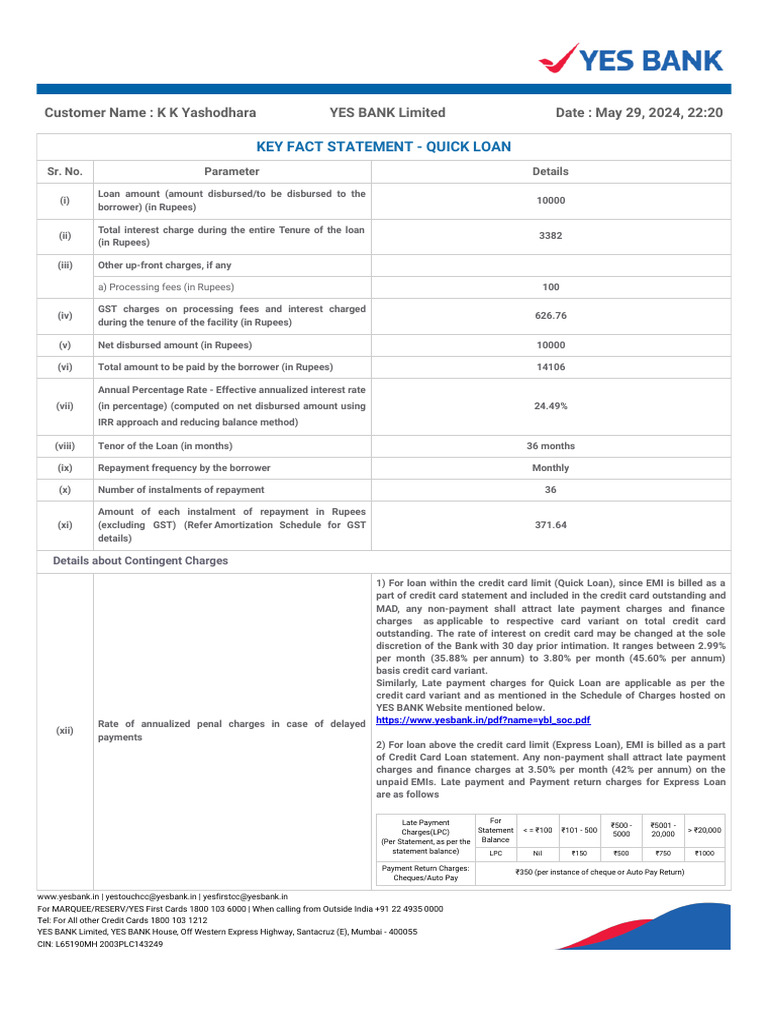 YES BANK Quick Loan Key Facts | PDF | Credit Card | Loans