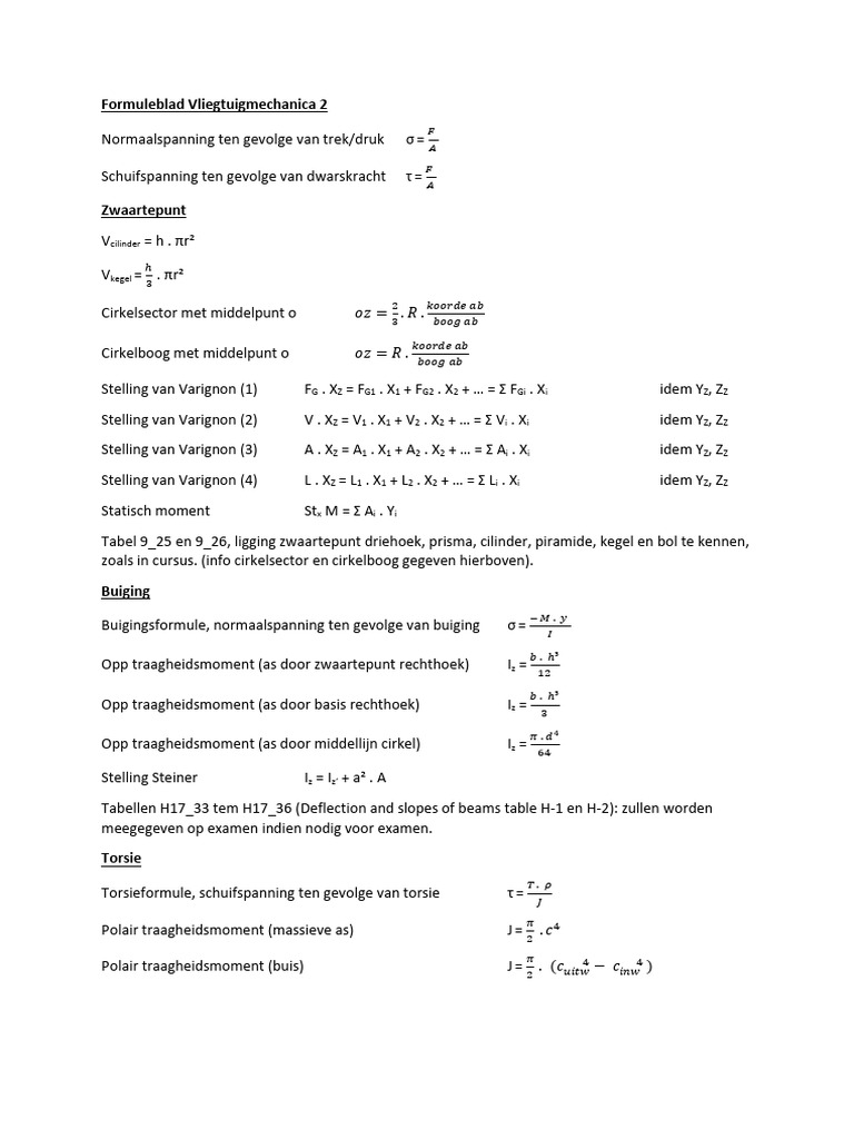 Hogeschool VIVES Formuleblad Mechanica 2 | PDF