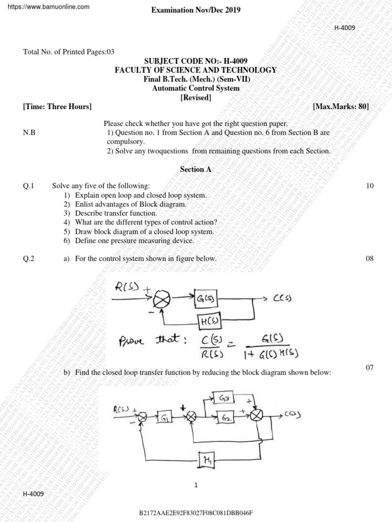 Btech Mech 7 Sem Automatic Control System H 4009 Dec 2019 | PDF