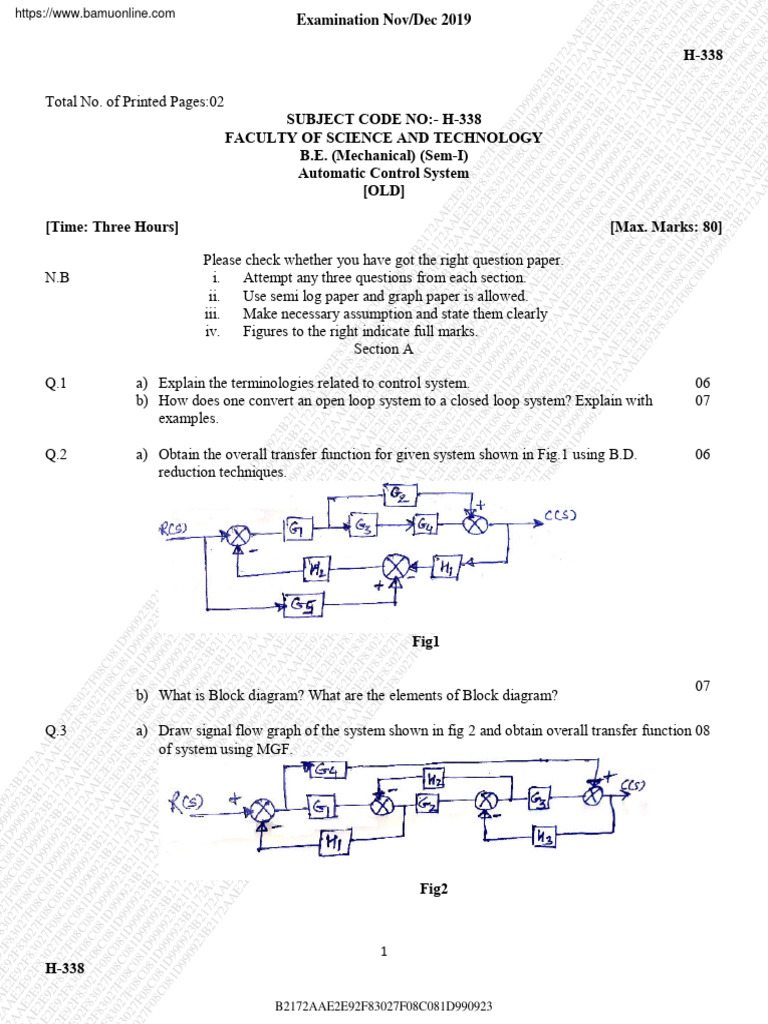 Btech Mech 7 Sem Automatic Control System H 338 Dec 2019 | PDF