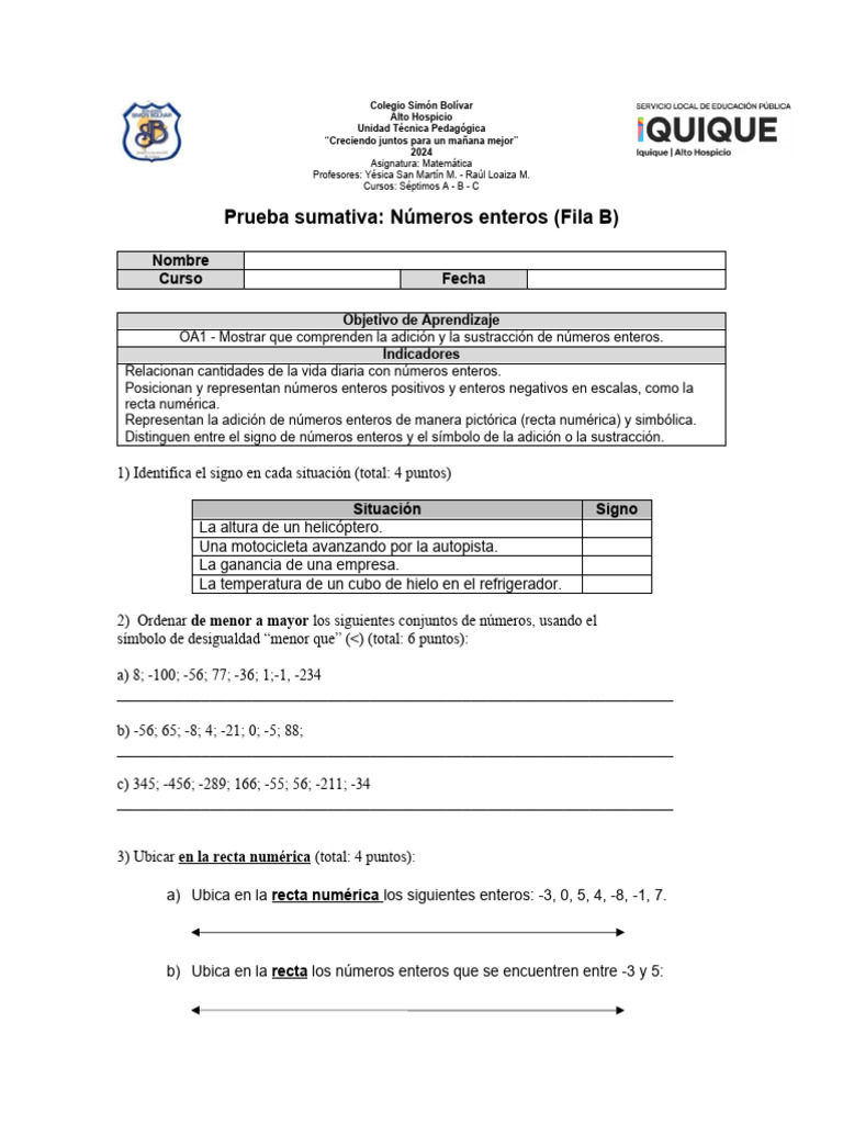 Prueba de Matemática: Números Enteros 2024 | PDF | Entero | Matemática ...