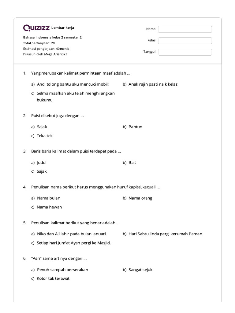 Bahasa Indonesia Kelas 2 Semester 2 - Quizizz | PDF