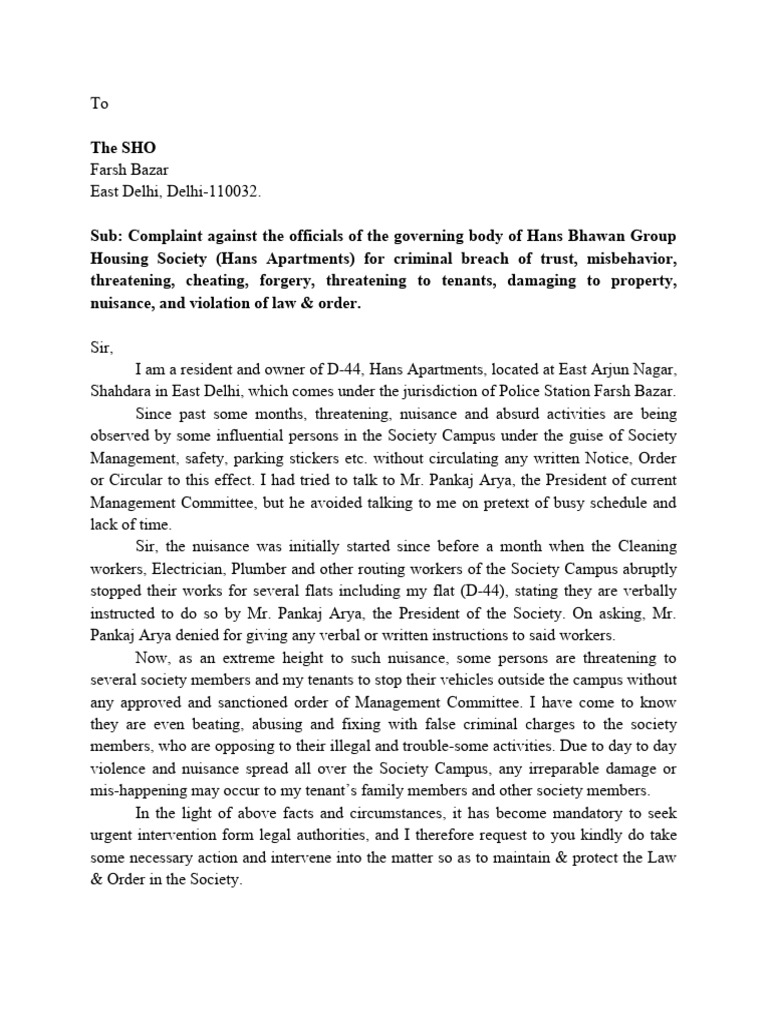 Complaint No. 2 To SHO Farsh Bazar | PDF | Crimes | Crime & Violence