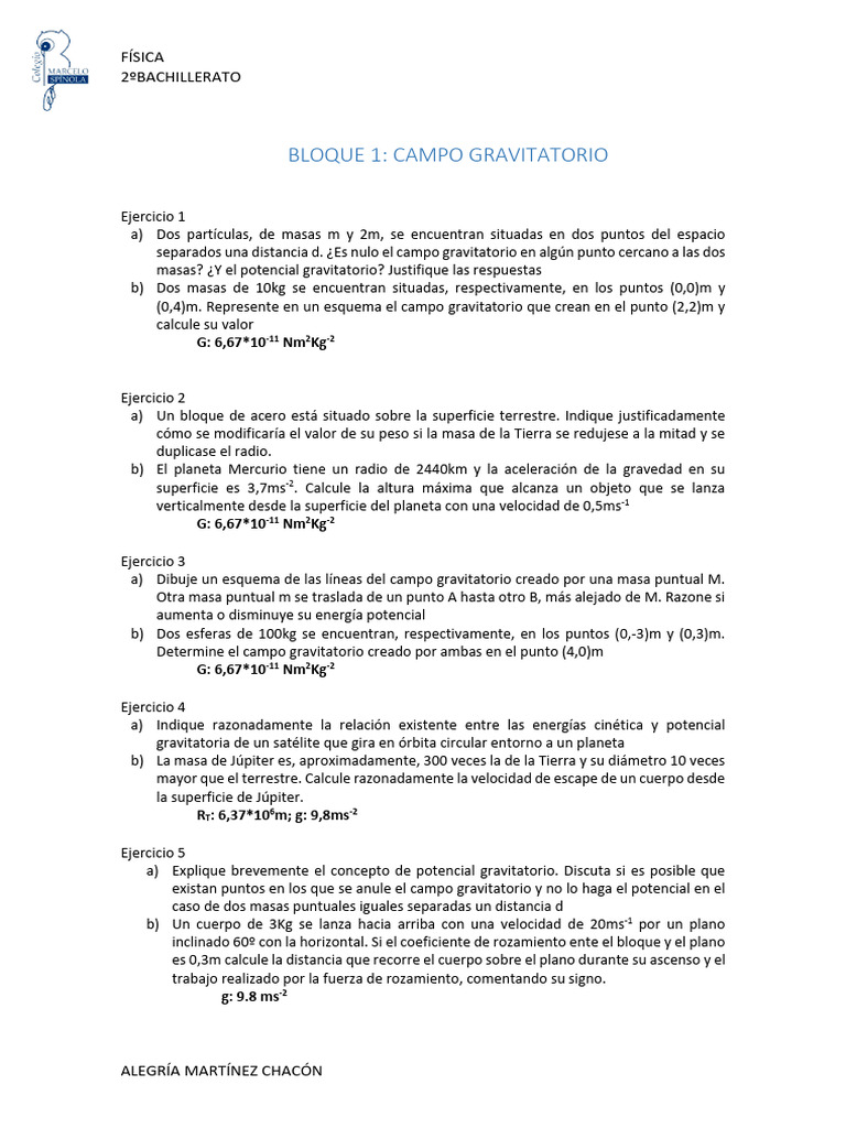 Ejercicios Campo Gravitatorio 2017-2022 | PDF | Masa | Orbita