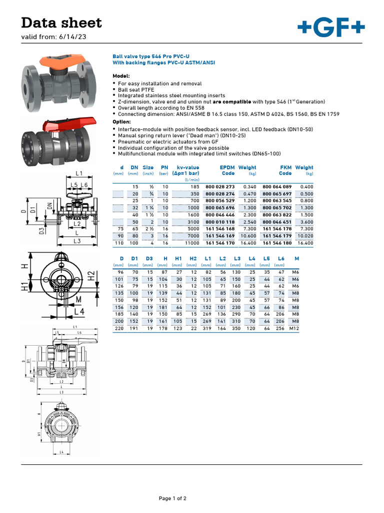 Gfps-Datasheet-Ball Valve Type 546 Pro PVC-U-800056529 | PDF | Valve | Plumbing