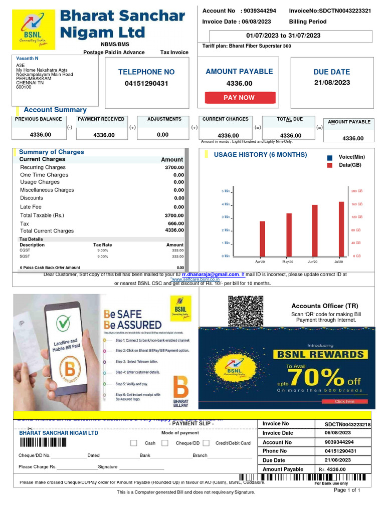 BSNL Aug 2023 | PDF | Cheque | Payments