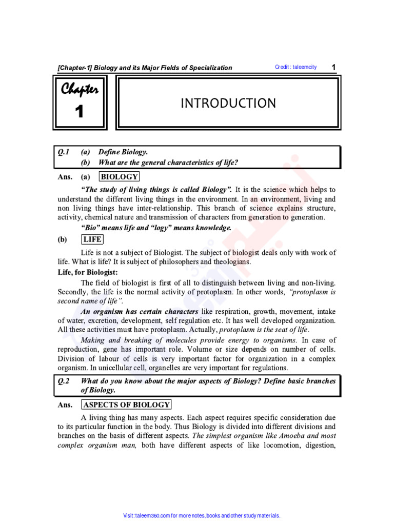 1st Year Biology Full Book Notes (Chap1-14) | PDF