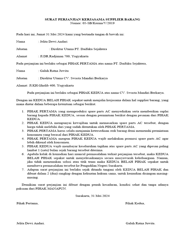 Surat Perjanjian Kerjasama Kemitraan Usaha Pdf