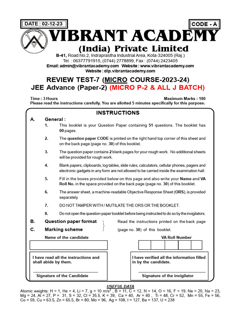 Micro RT 7 With Answer & Solution 02-12-2023 JEE Advance Paper 2 | PDF ...
