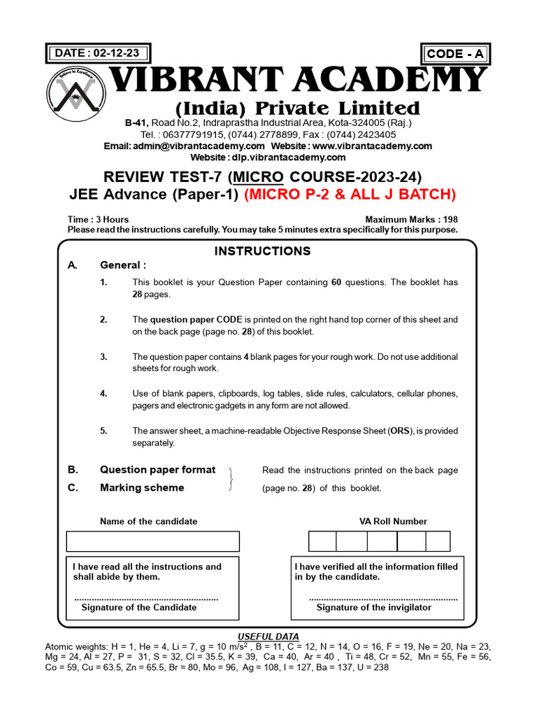 Micro RT 7 With Answer & Solution 02-12-2023 JEE Advance Paper 1 | Download Free PDF | Chemical ...