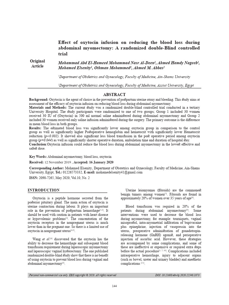 Effect of Oxytocin Infusion On Reducing The Blood Loss During Abdominal ...