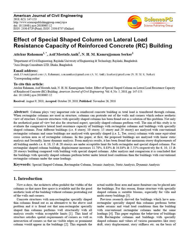 Effect Of Special Shaped Column On Lateral Load Resistance Capacity Of Reinforced Concrete Rc
