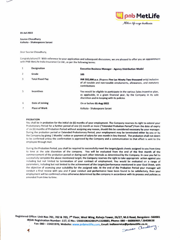 PNB Appointment Letter | PDF | Employment | Insurance