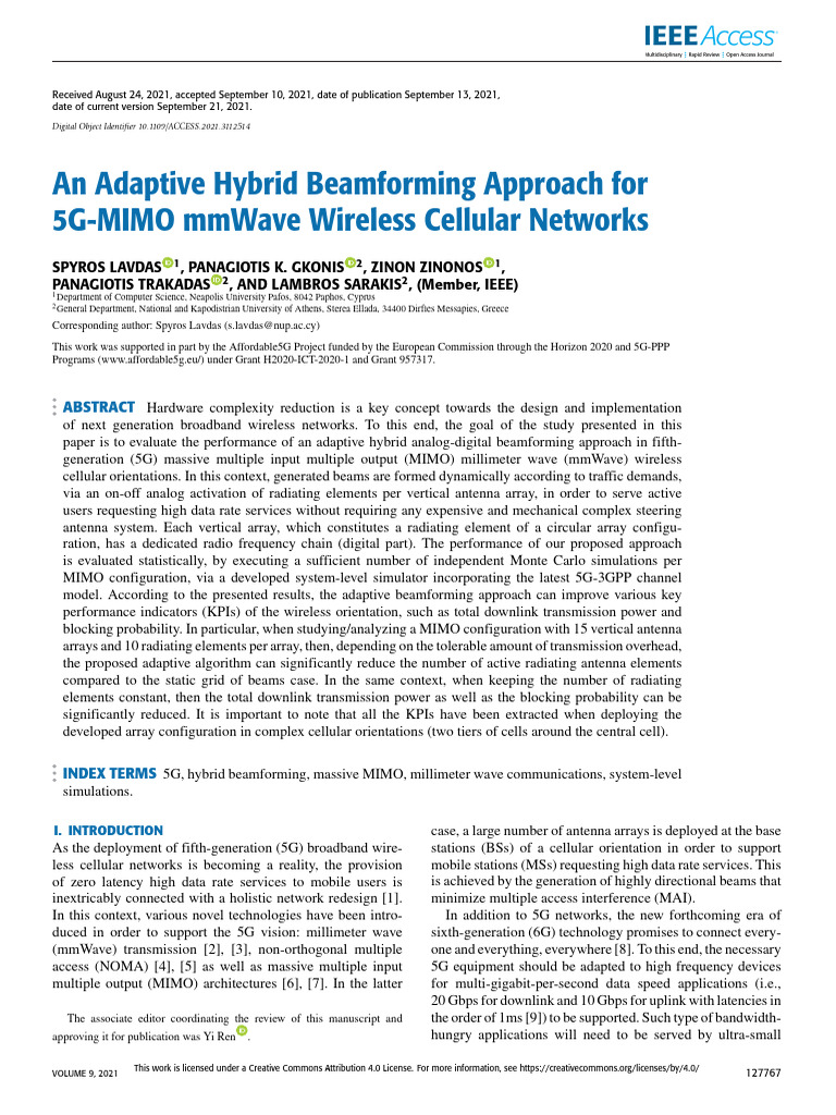An Adaptive Hybrid Beamforming Approach For 5G-MIMO MmWave Wireless Cellular Networks | PDF ...