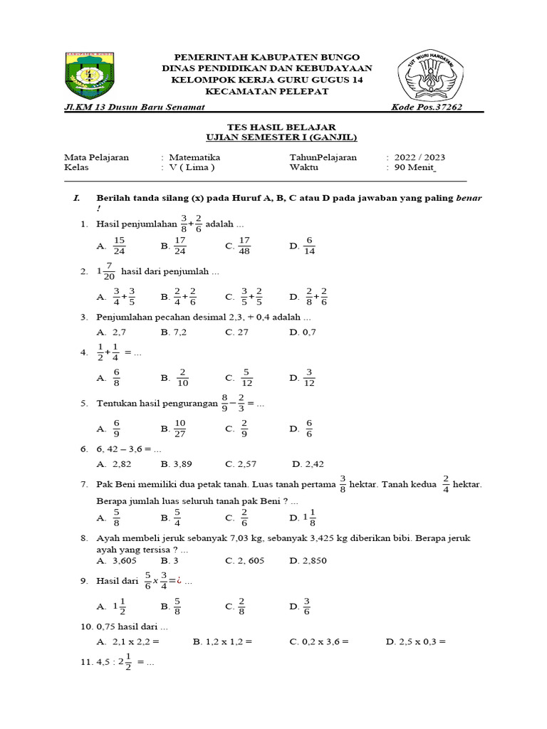Soal Ujian Matematika Kelas 5 | PDF