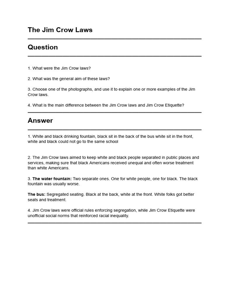 The Jim Crow Laws - Question | PDF | Politics | Social Science