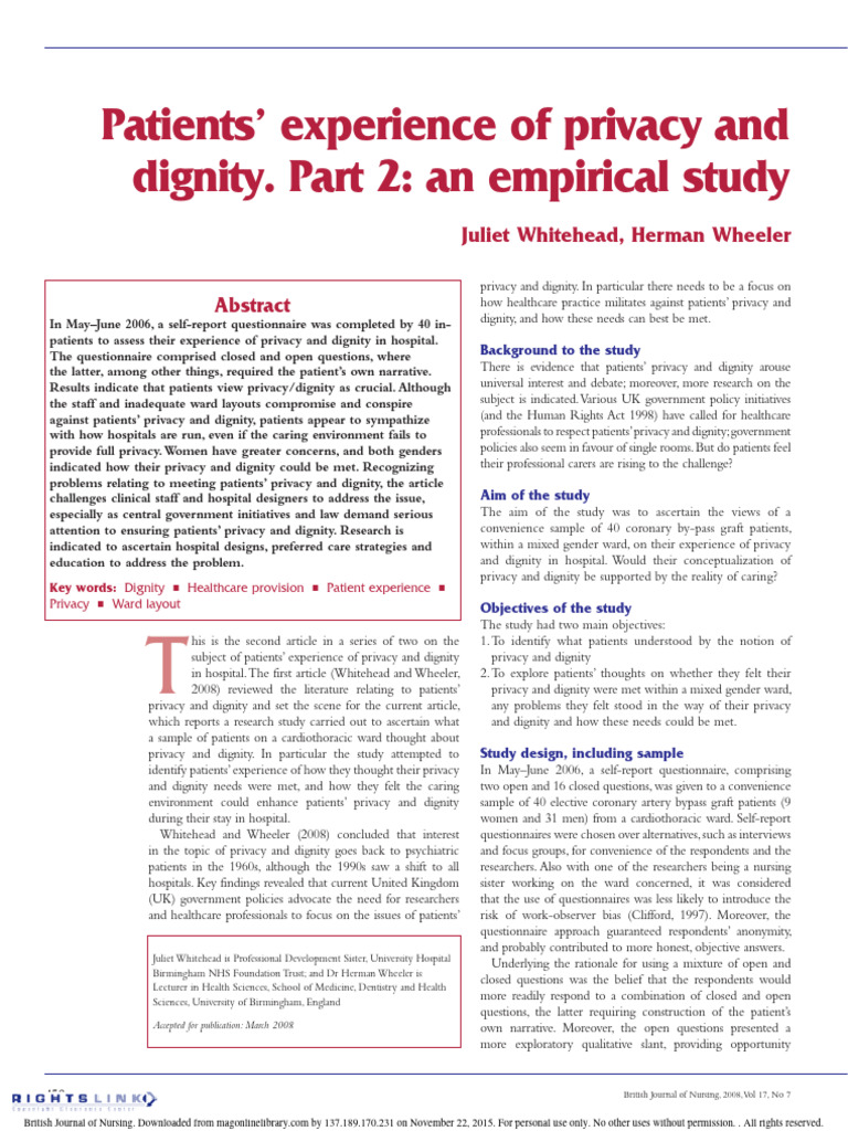 Patients' Experience of Privacy and Dignity. Part 2 - An Empirical ...