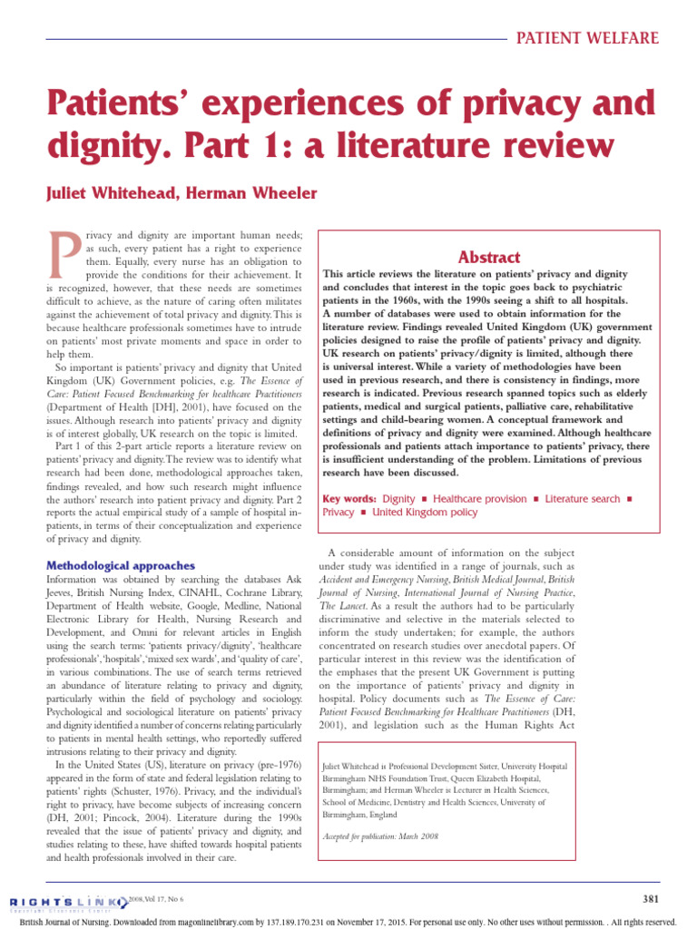 Patients' Experiences of Privacy and Dignity. Part 1 - A Literature ...