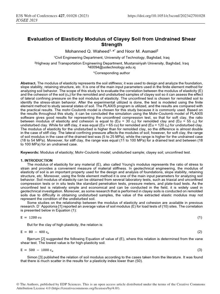 Evaluation of Elasticity Modulus of Clayey Soil FR | PDF | Young's ...