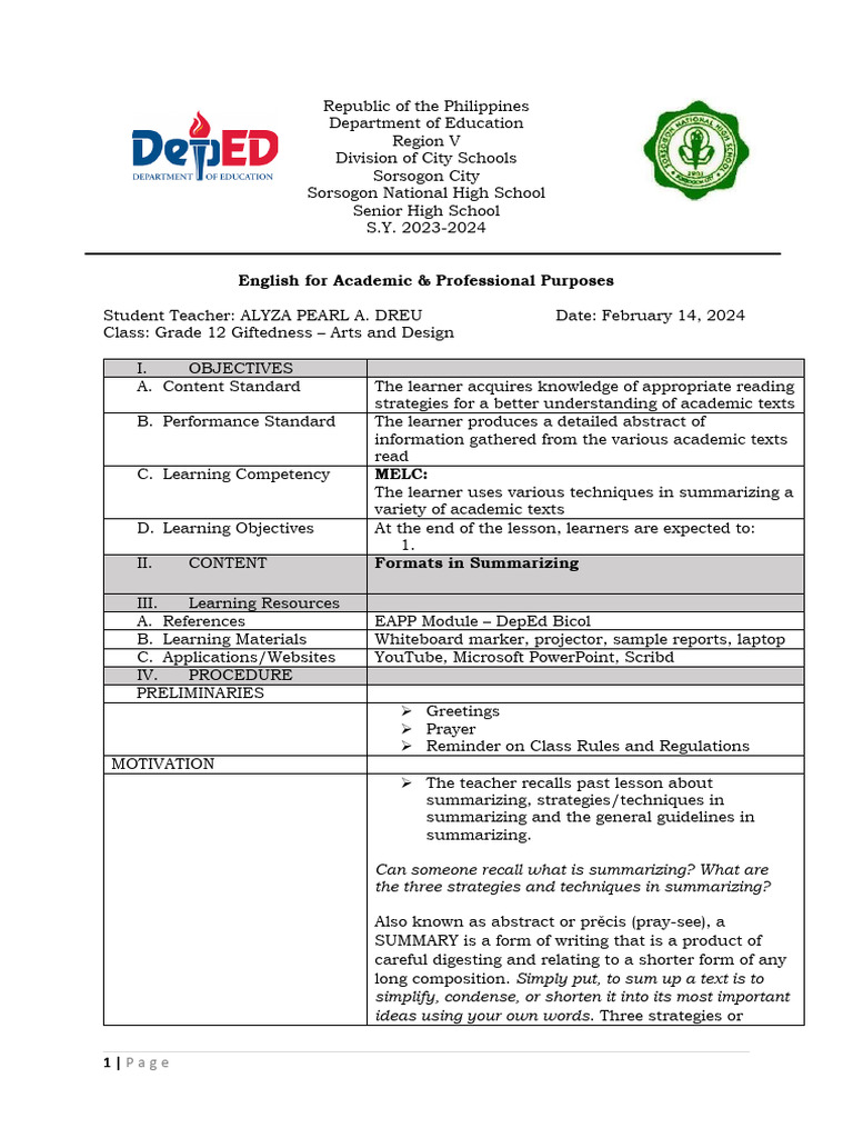 EAPP LP Formats in Summarizing 2nd Session | PDF | Learning | Education Theory
