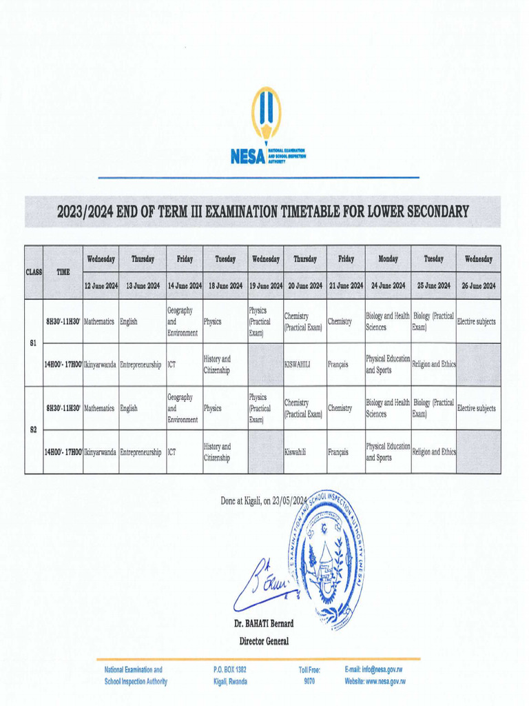 (Lower Secondary) End of Term III Examination Timetable (2023-2024 ...