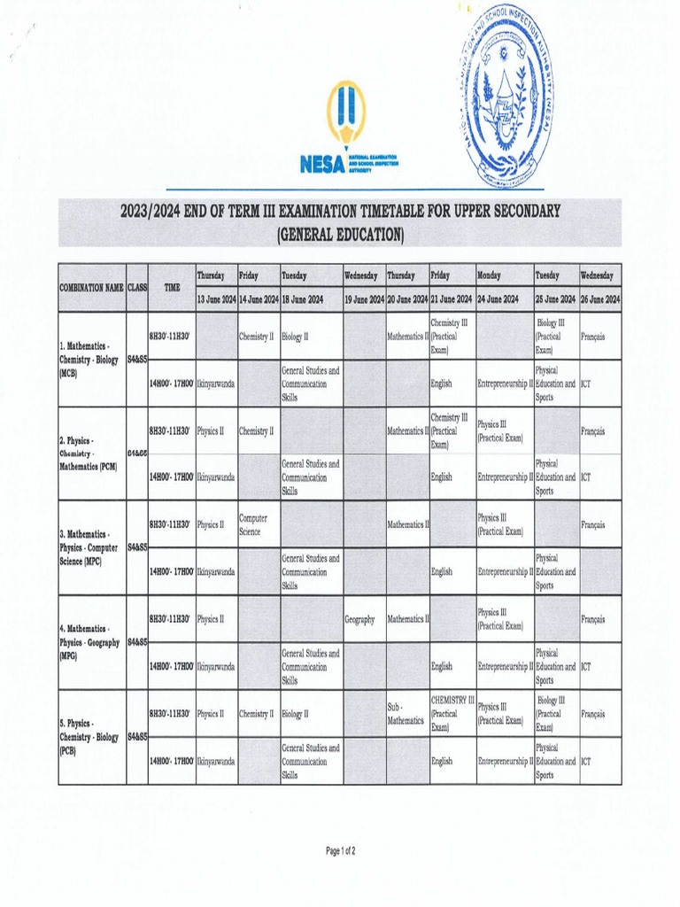 (Upper Secondary - GE) End of Term III Examination Timetable (2023-2024 ...