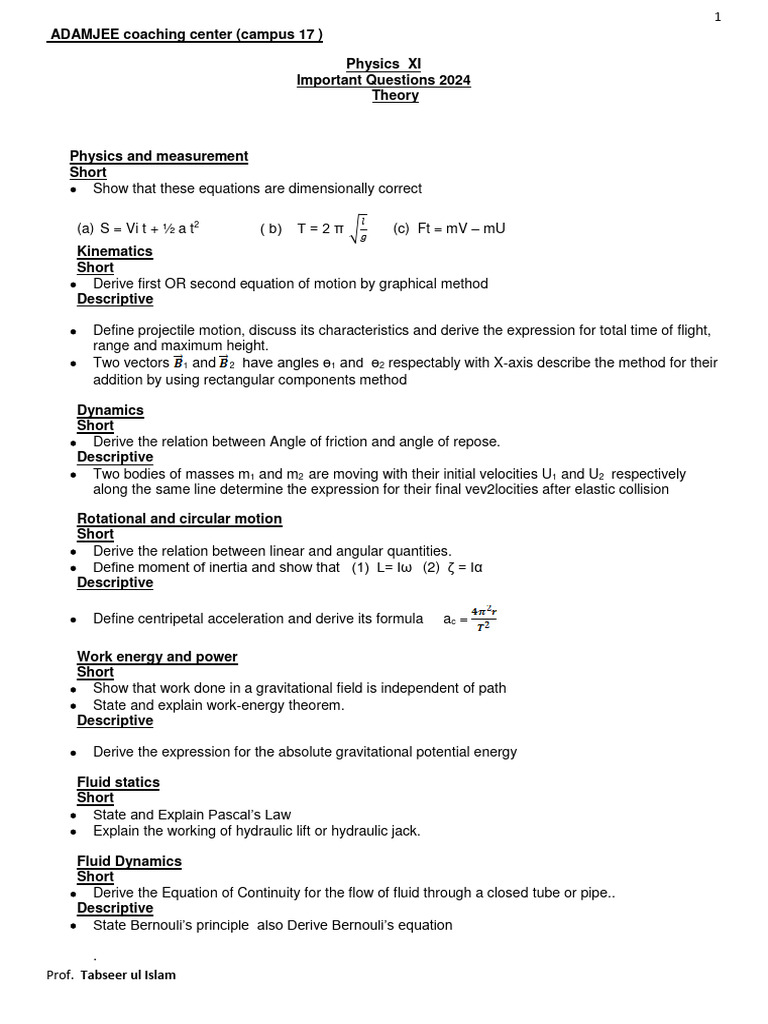 Physics Xi Imp 2024 Theory Adamjee | PDF | Capacitor | Oscillation