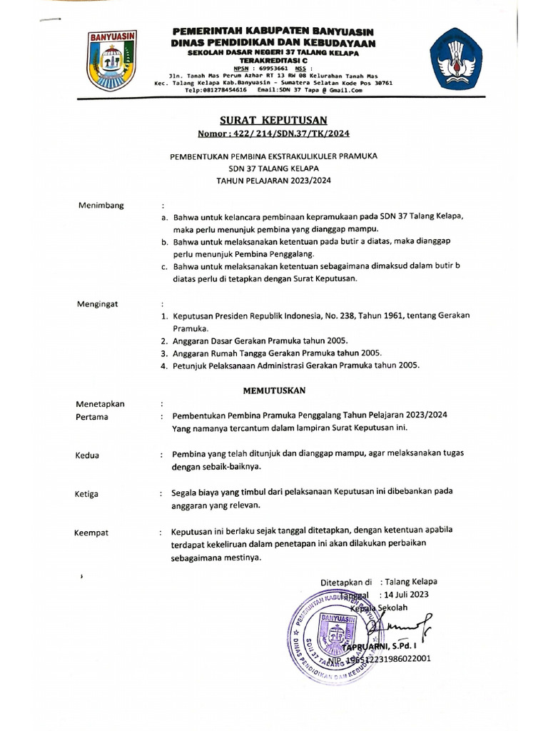 SK Ekstrakurikuler SDN 37 TK | PDF