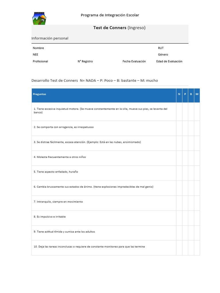 Test de Conners para Integración Escolar | PDF | Crecimiento personal y ...